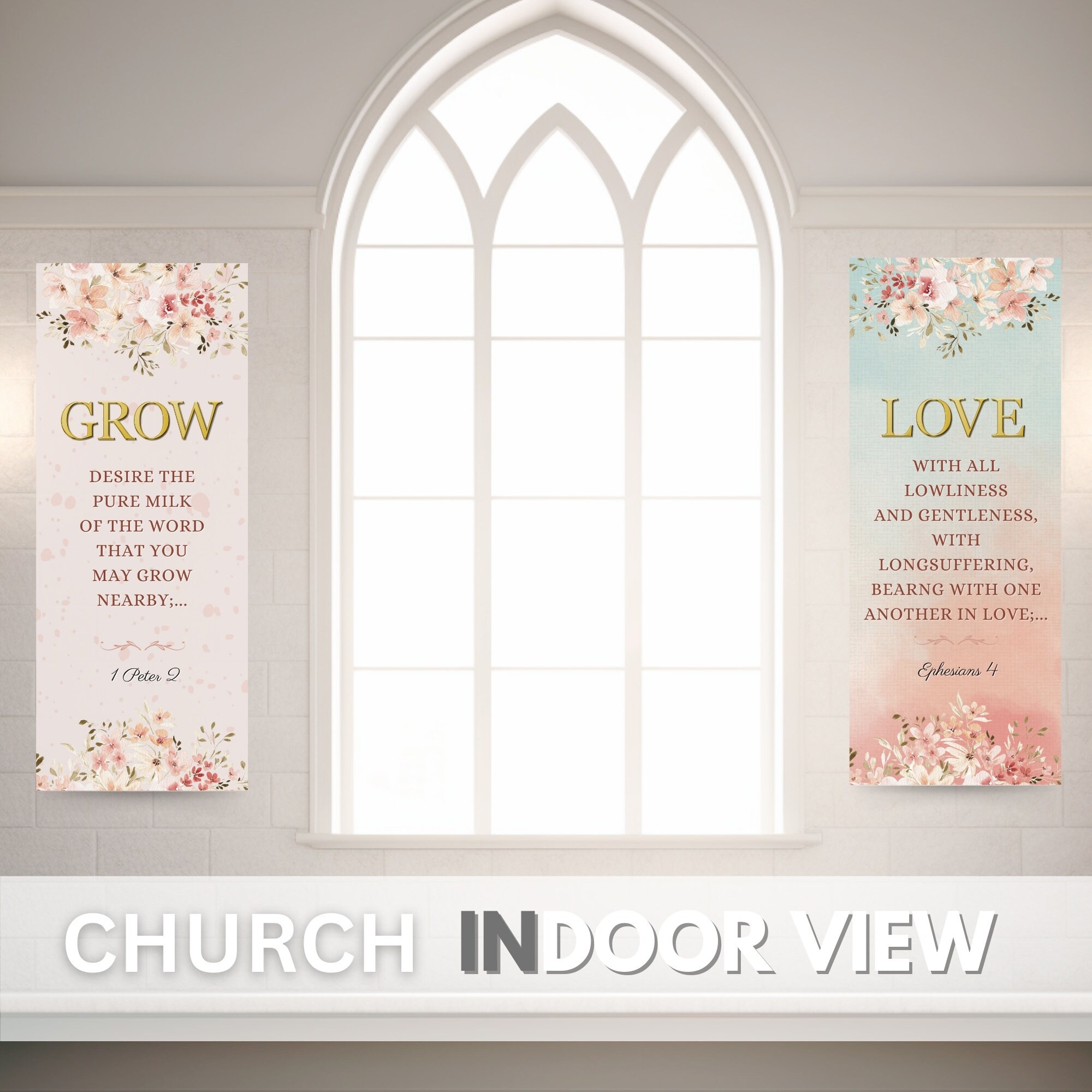 Set of 4 Church Banners, Serve, Grow, Love Pray, Church Banner Set ...
