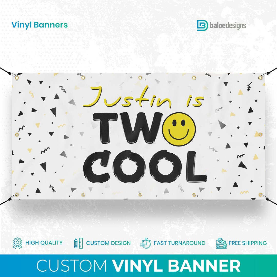 Two Cool Birthday Banner, Smiley Face Banner Boy, Two Happy Banner, Two ...