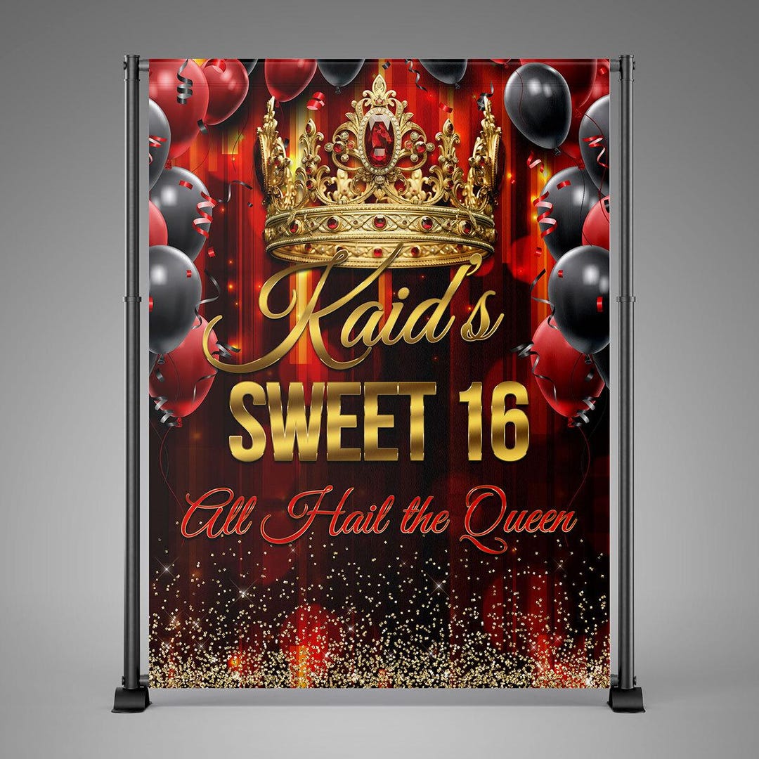 Royal Sweet 16 Backdrop, Black Gold Red Birthday Backdrop, Sweet 16 ...