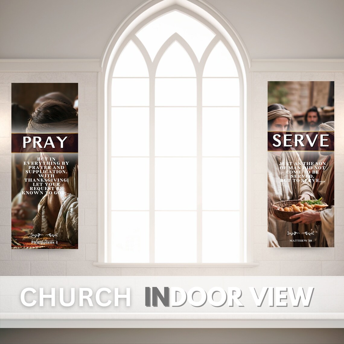 Set of 4 Church Banners, Serve, Grow, Love Pray, Church Banner Set ...