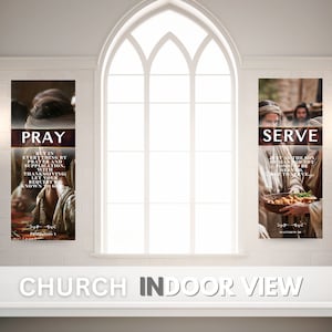 Set of 4 Church Banners, Serve, Grow, Love Pray, Church Banner Set ...