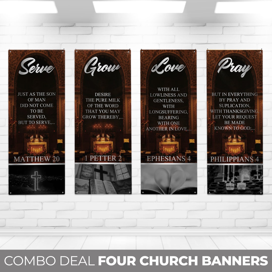 Set of 4 Church Banners, Serve, Grow, Love Pray, Church Banner Set ...
