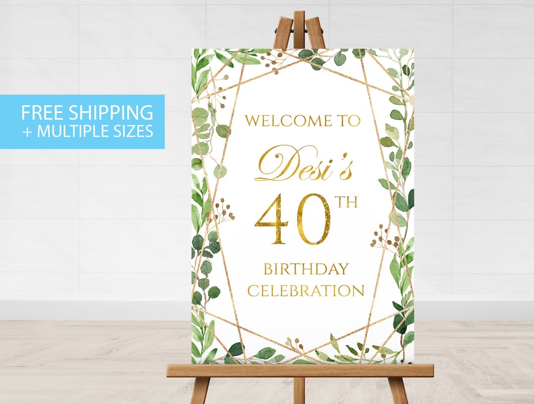 Birthday Welcome Sign, Printed Canvas Welcome Signage, Greenery Gold ...