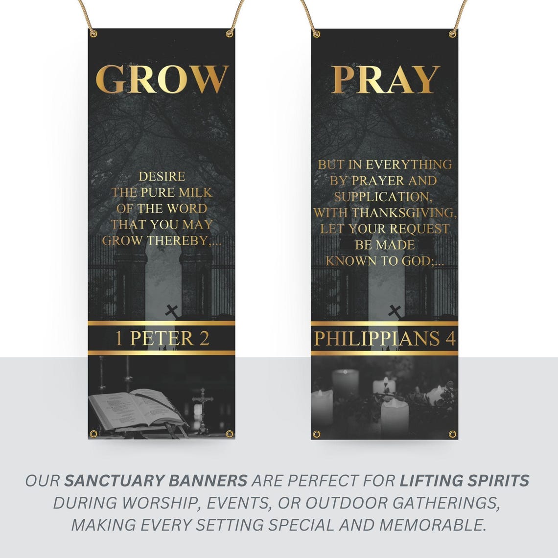 Set of 4 Church Banners, Serve, Grow, Love Pray, Church Banner Set ...