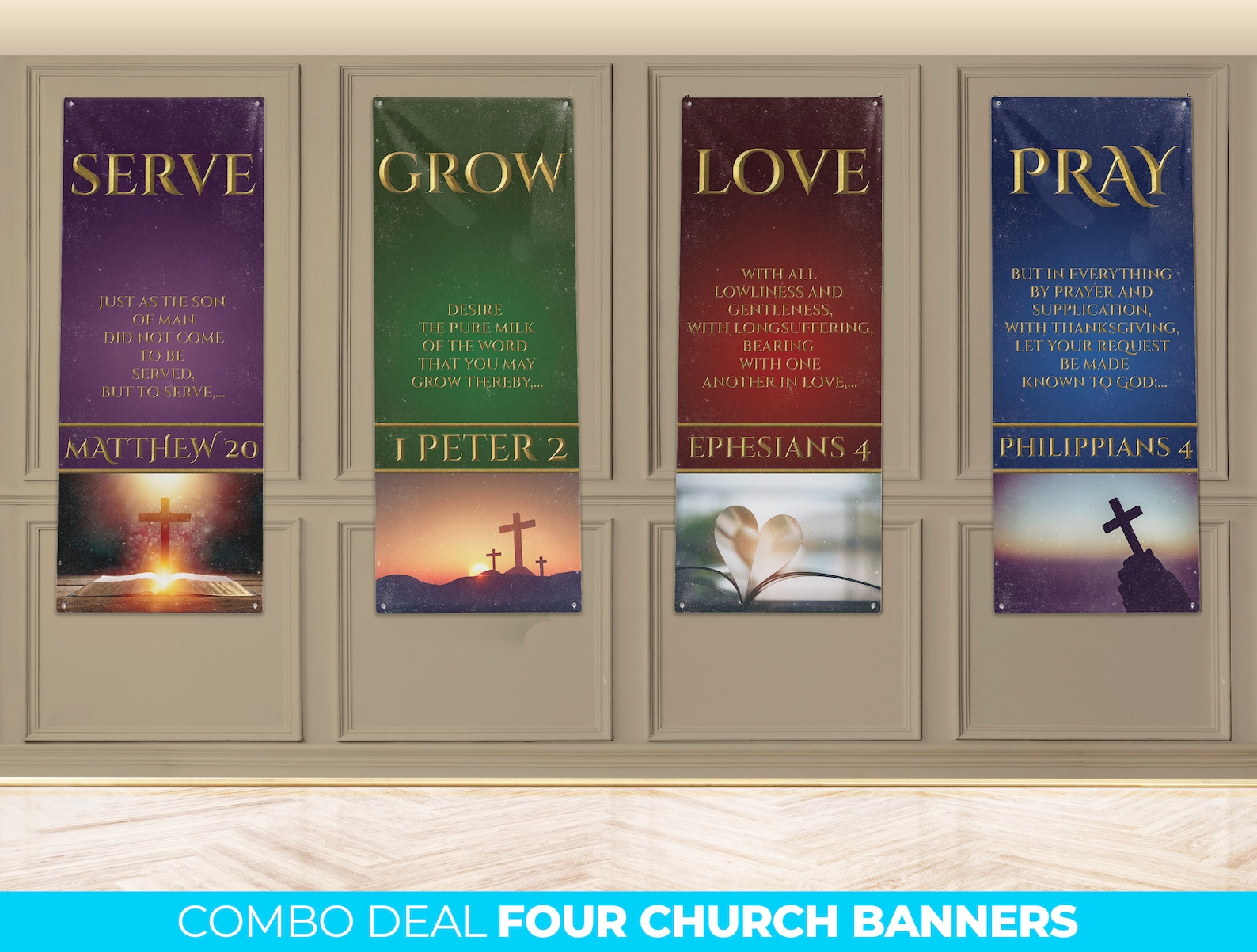Set of 4 Church Banners, Serve, Grow, Love Pray, Church Banner Set ...