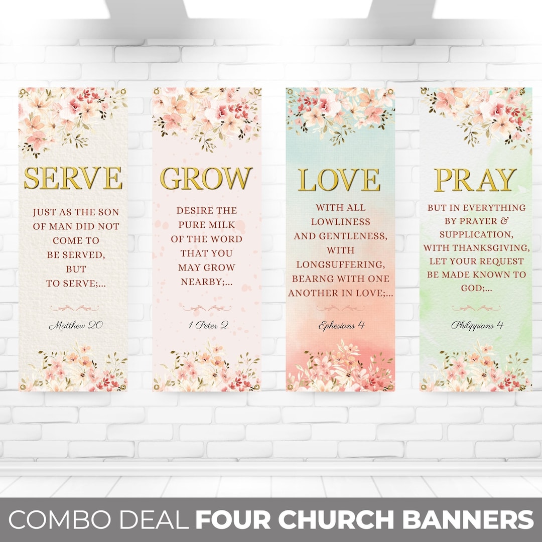 Set of 4 Church Banners, Serve, Grow, Love Pray, Church Banner Set ...