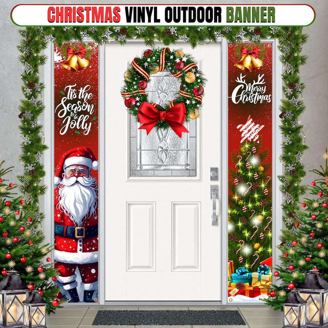 Christmas Door Banners, Set of 2, Vinyl Outside Door Banners, Merry ...