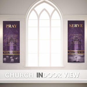 Set of 4 Church Banners, Serve, Grow, Love Pray, Church Banner Set ...