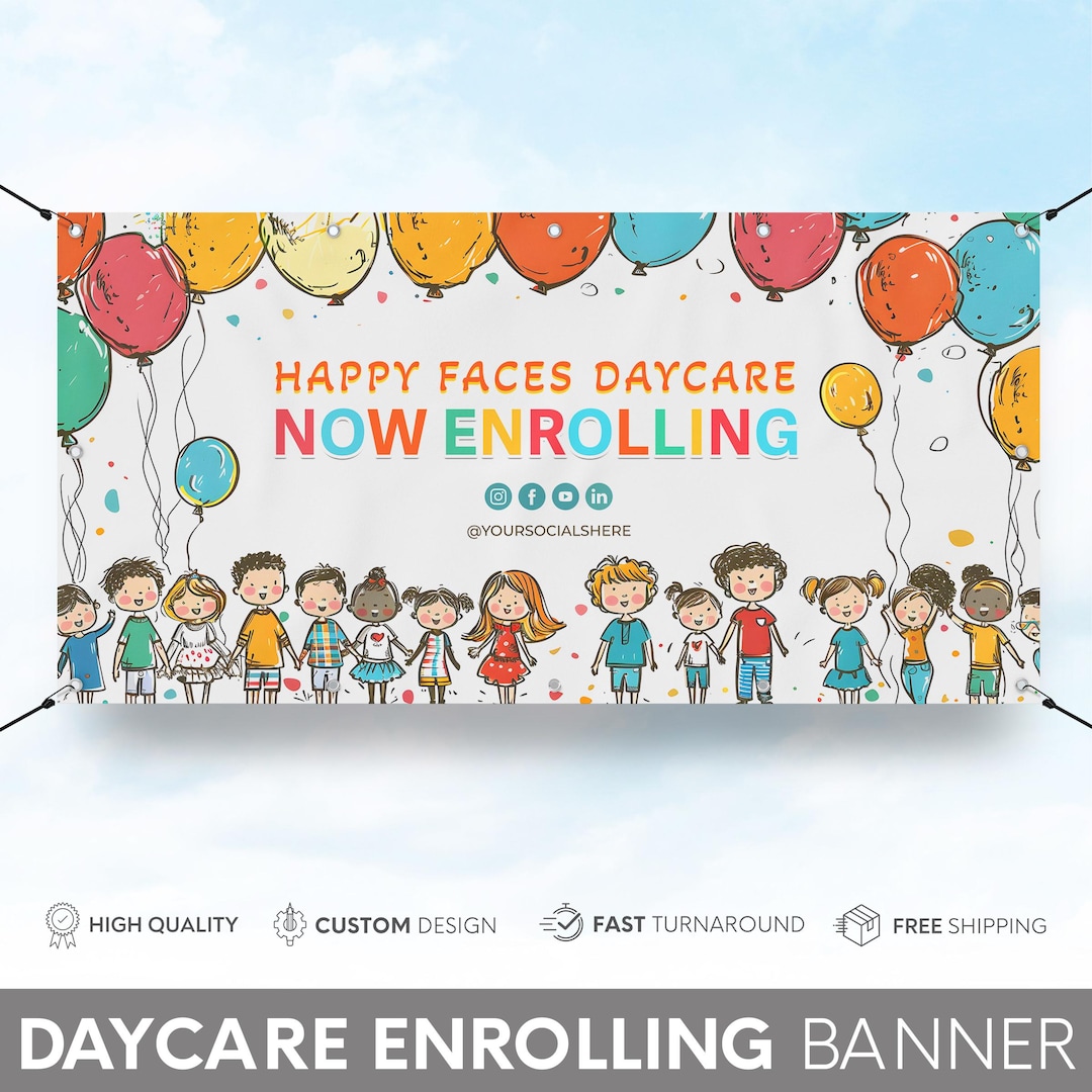 Daycare Now Enrolling Banner Sign, Custom Daycare Vinyl Banner Backdrop ...