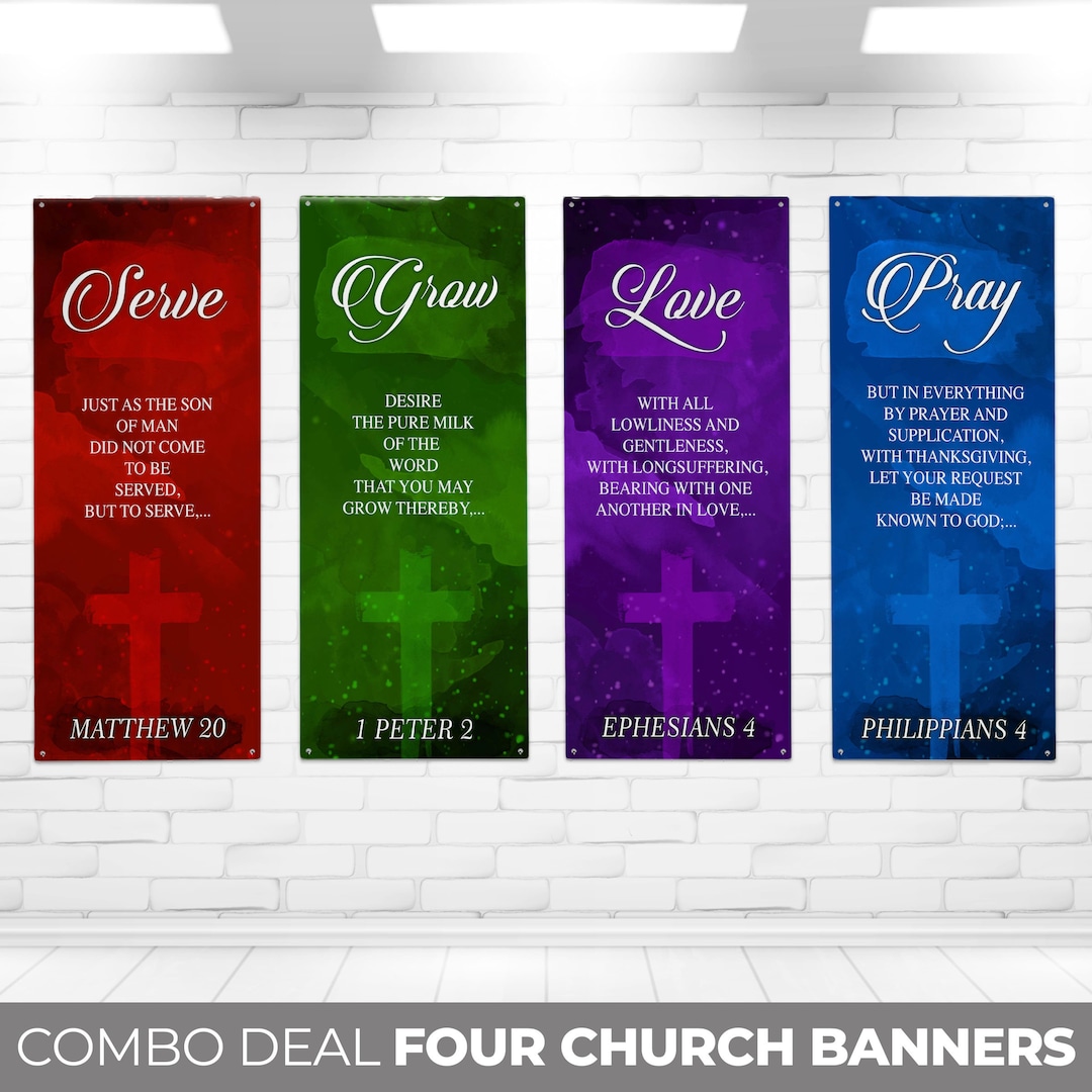 Set of 4 Church Banners, Serve, Grow, Love Pray, Church Banner Set ...