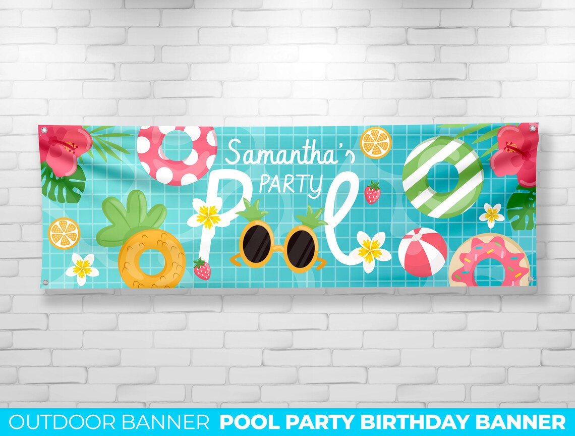 Birthday Pool Party Custom Banner, Vinyl Banner, Birthday Backdrop ...