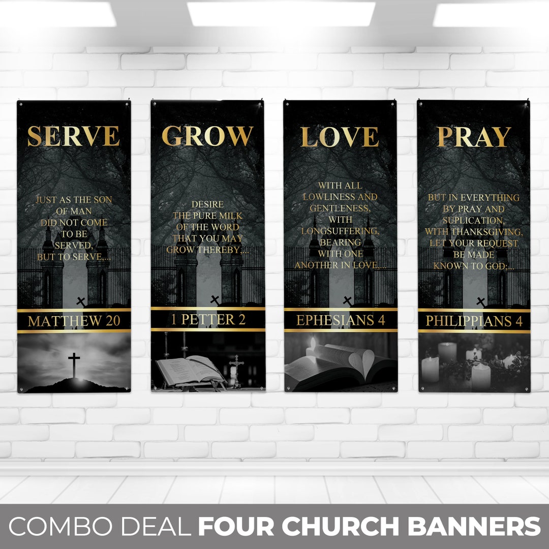 Set of 4 Church Banners, Serve, Grow, Love Pray, Church Banner Set ...