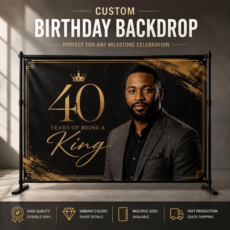 Custom Birthday Backdrop, Black & Gold Birthday Banner, Magazine Style ...