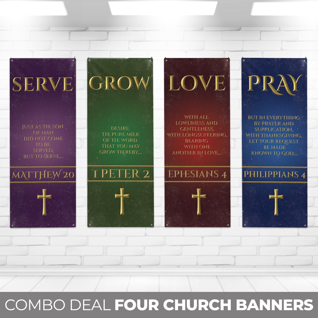 Set of 4 Church Banners, Serve, Grow, Love Pray, Church Banner Set ...