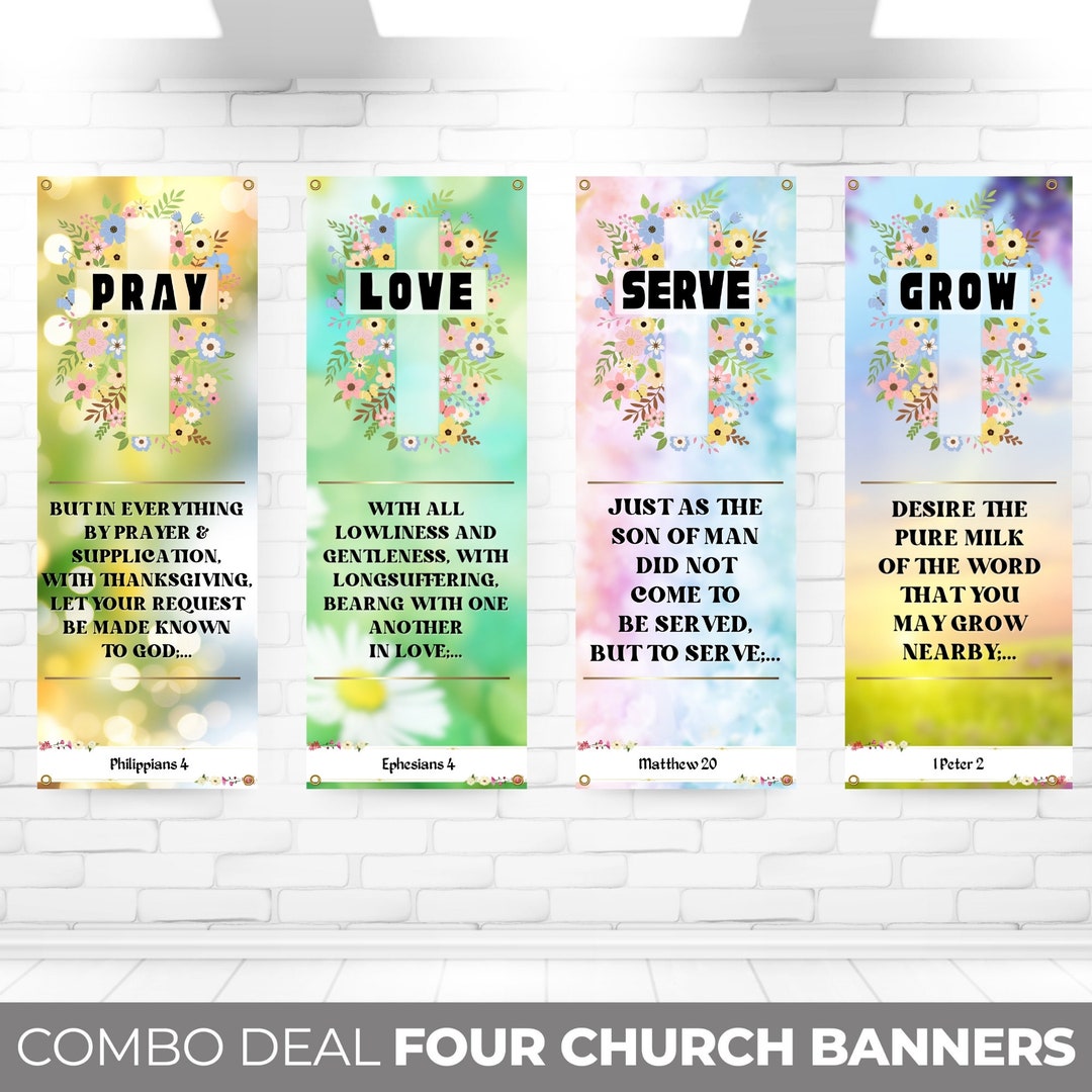 Set of 4 Church Banners, Serve, Grow, Love Pray, Church Banner Set ...