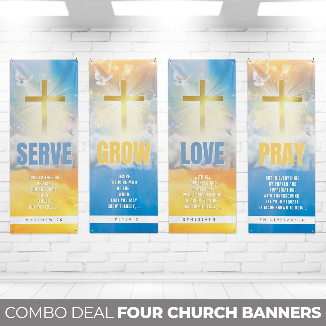 Set of 4 Church Banners, Serve, Grow, Love Pray, Church Banner Set ...
