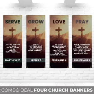 Set of 4 Church Banners, Serve, Grow, Love Pray, Church Banner Set ...