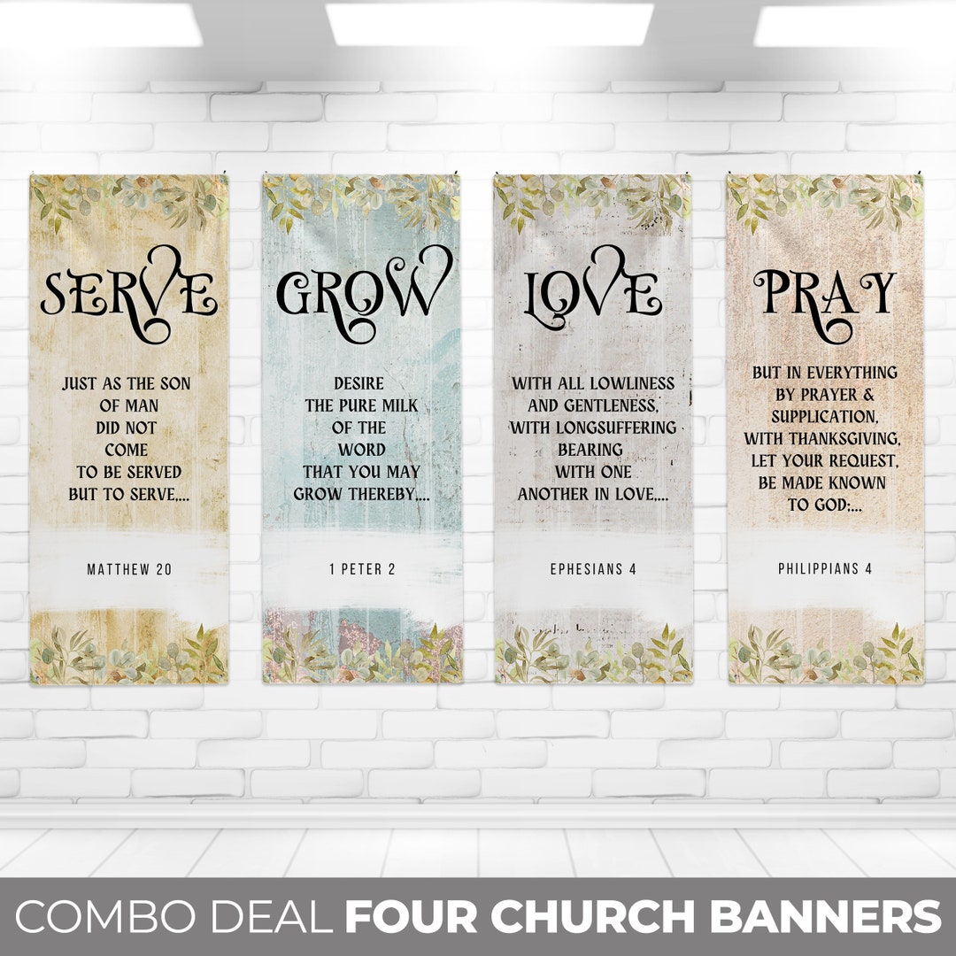 Set of 4 Church Banners, Serve, Grow, Love Pray, Church Banner Set ...