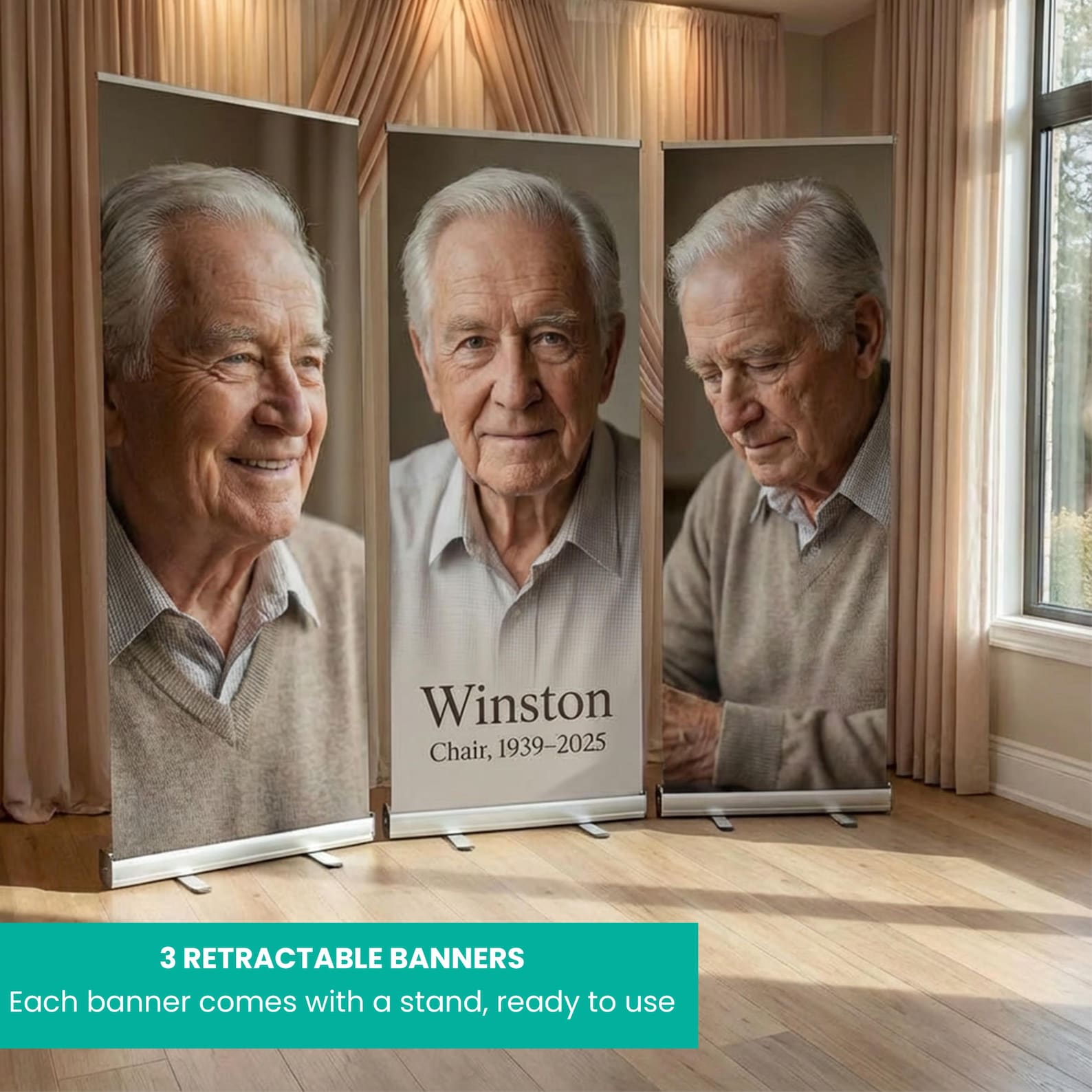 3 Retractable Memorial Banners Set, Funeral Photo Display, Celebration ...