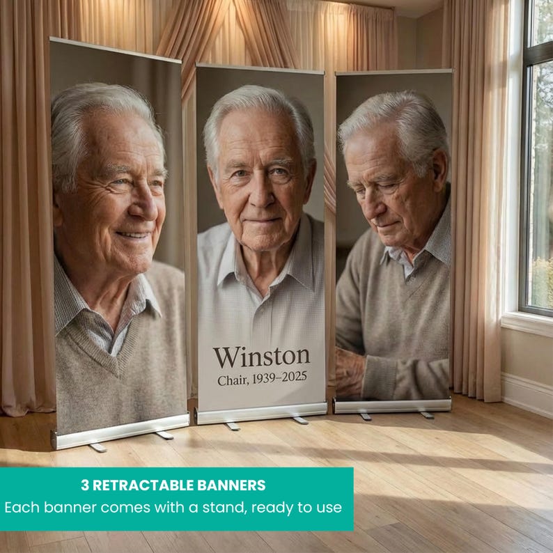 3 Retractable Memorial Banners Set, Funeral Photo Display, Celebration ...