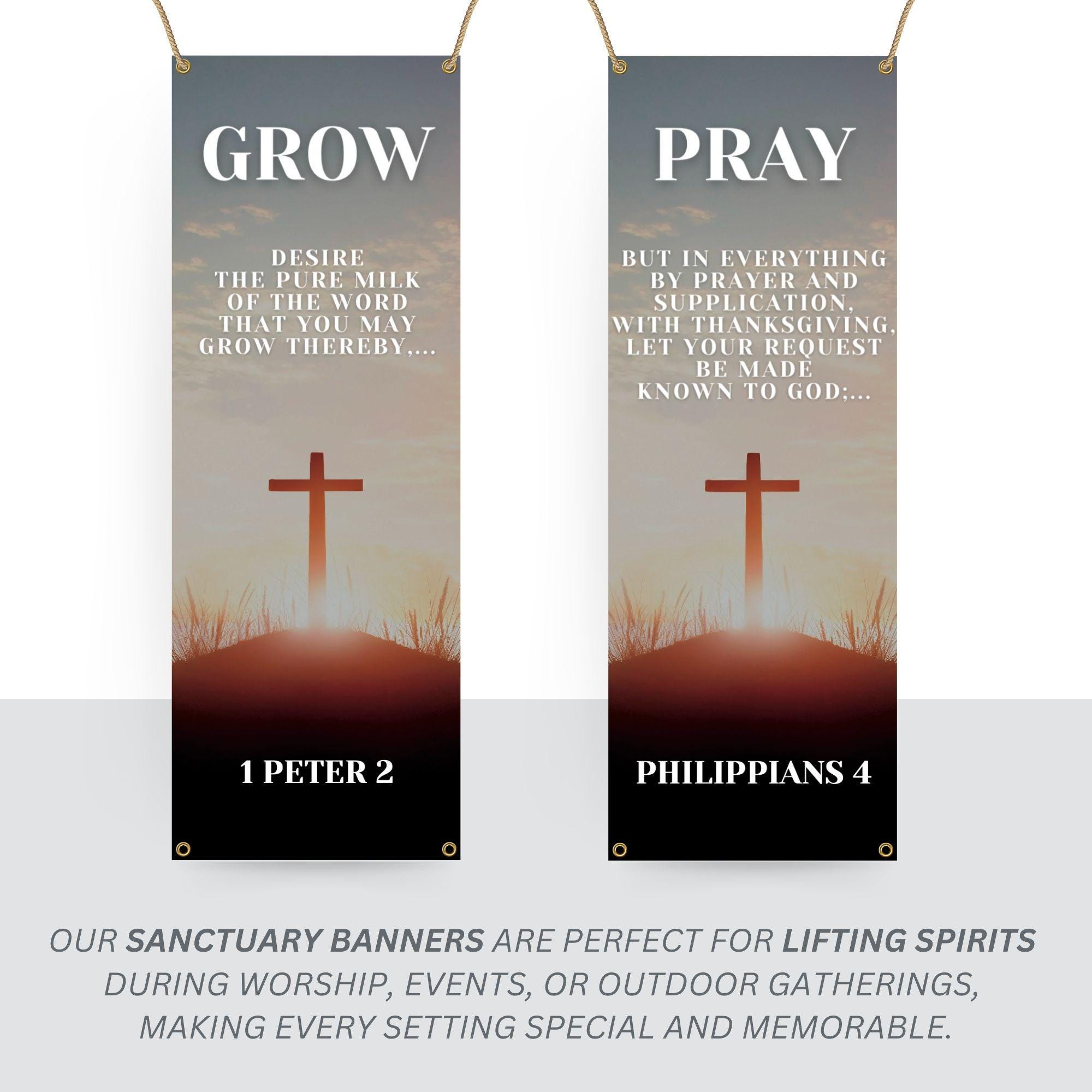 Set of 4 Church Banners, Serve, Grow, Love Pray, Church Banner Set ...