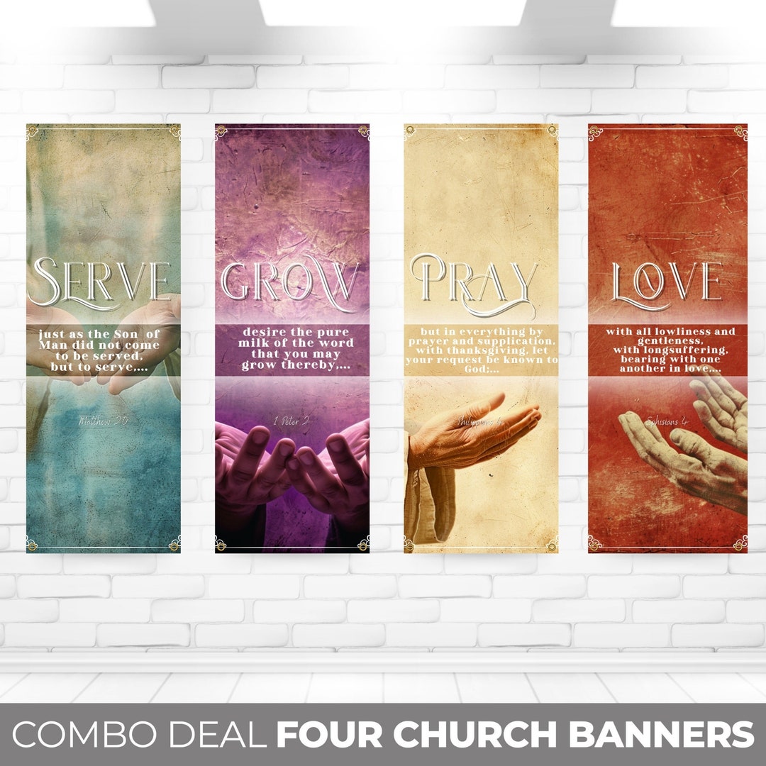 Set of 4 Church Banners, Serve, Grow, Love Pray, Church Banner Set ...