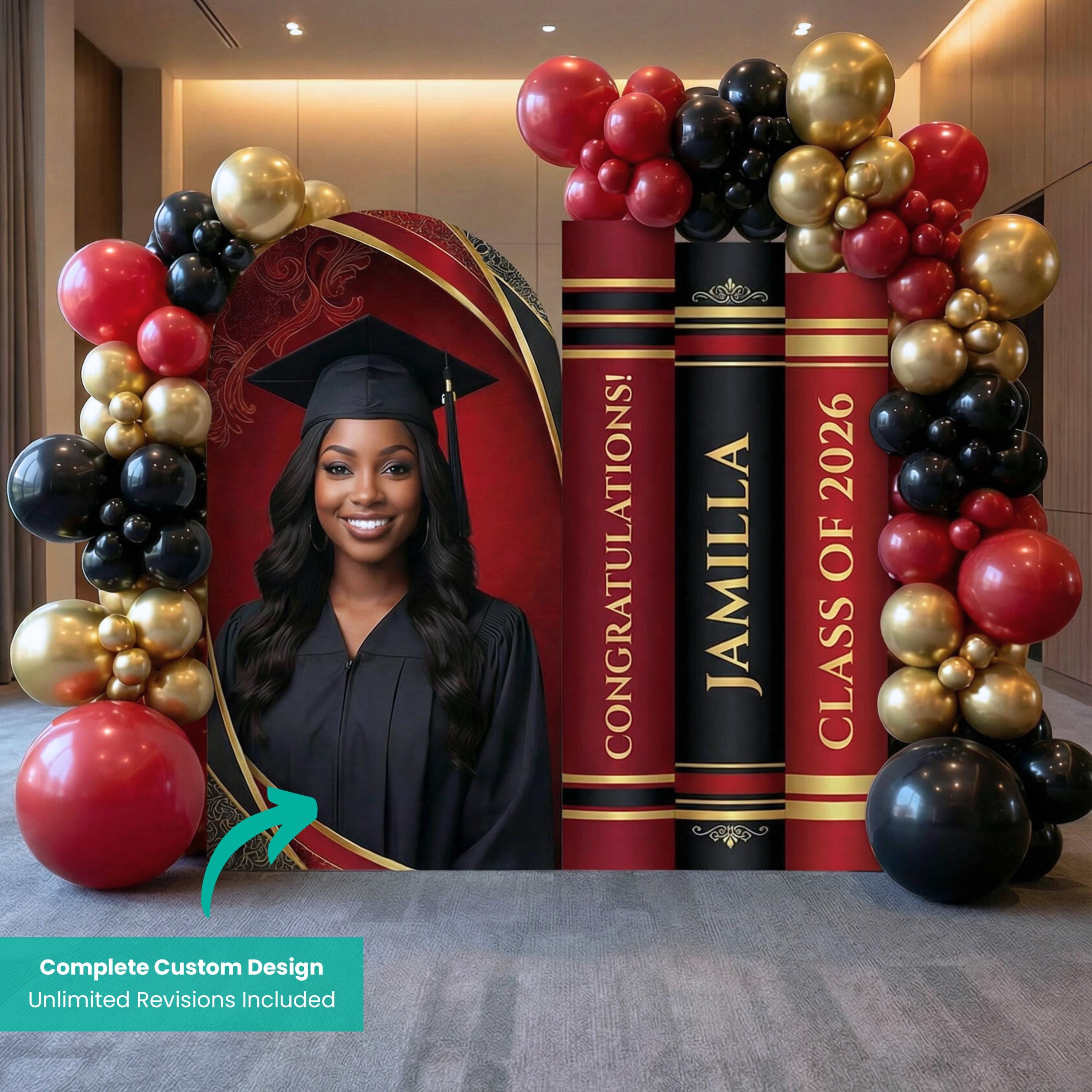 Graduation Backdrop Set, Arched Backdrop, Grad Photo Board, Books ...