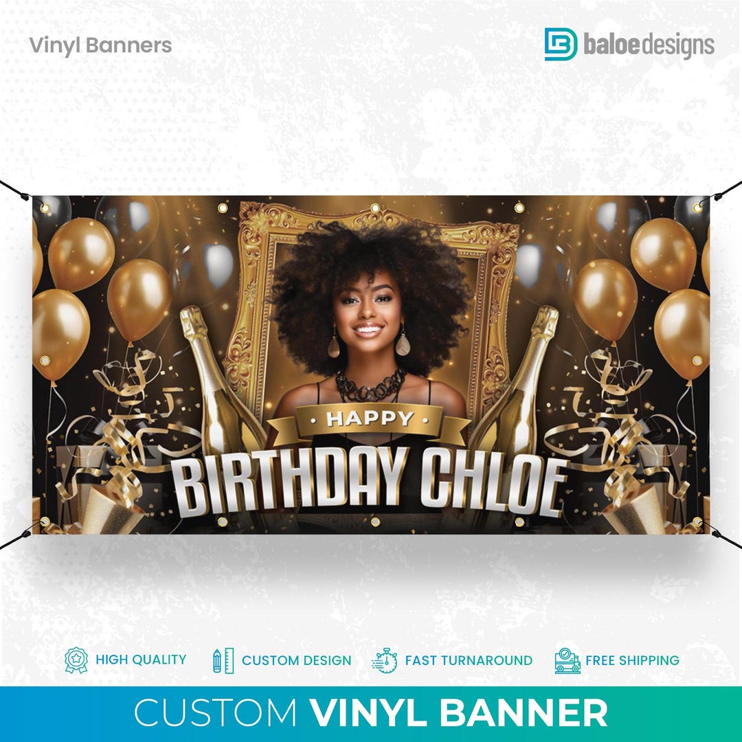 Custom Birthday Banner, Party Backdrop Decor, Banner Balloons Gold ...