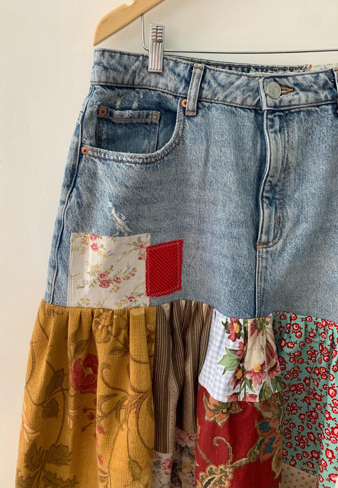 Denim and Patchwork Skirt - Etsy