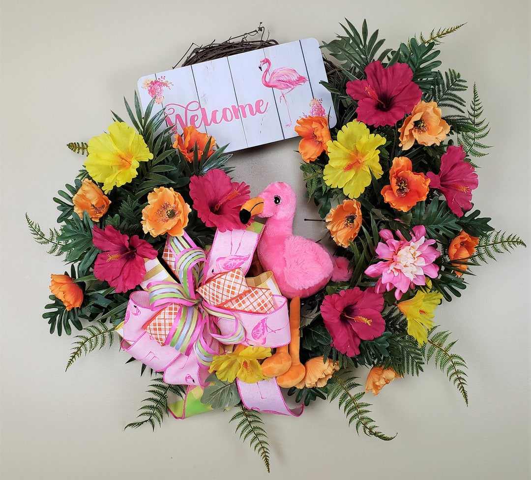 Pink Flamingo Wreath, Summer Wreath, Summer Door Wreath, Flamingo Decor ...