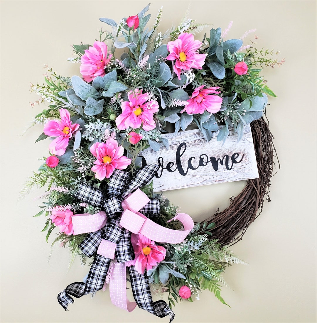 Spring Grapevine Floral Wreath, Spring Farmhouse Style Wreath, Welcome ...