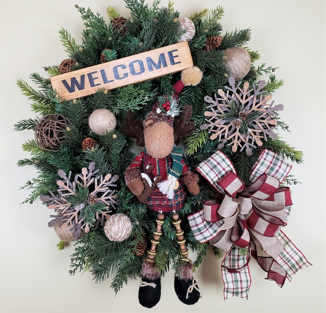 Christmas Moose Wreath, Woodland Moose Wreath, Winter Rustic Wreath ...