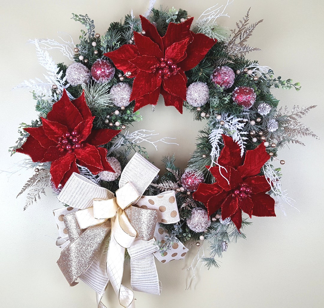 Red Poinsettia Wreath, Poinsettia Wreath, Christmas Poinsettia Wreath ...