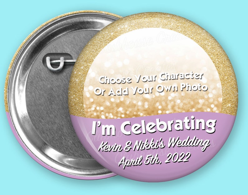 Disney Inspired Celebration Buttons, Custom Gold Disney Wedding Buttons ...