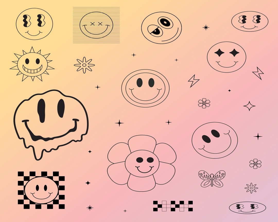 Y2k Smiley Bundle | Trendy Hand Drawn | Drippy Retro Transparent SVG ...