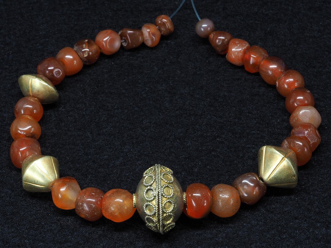 Antique Carnelian & Gilt Silver Beads Strand. 8”. Medieval Islamic ...
