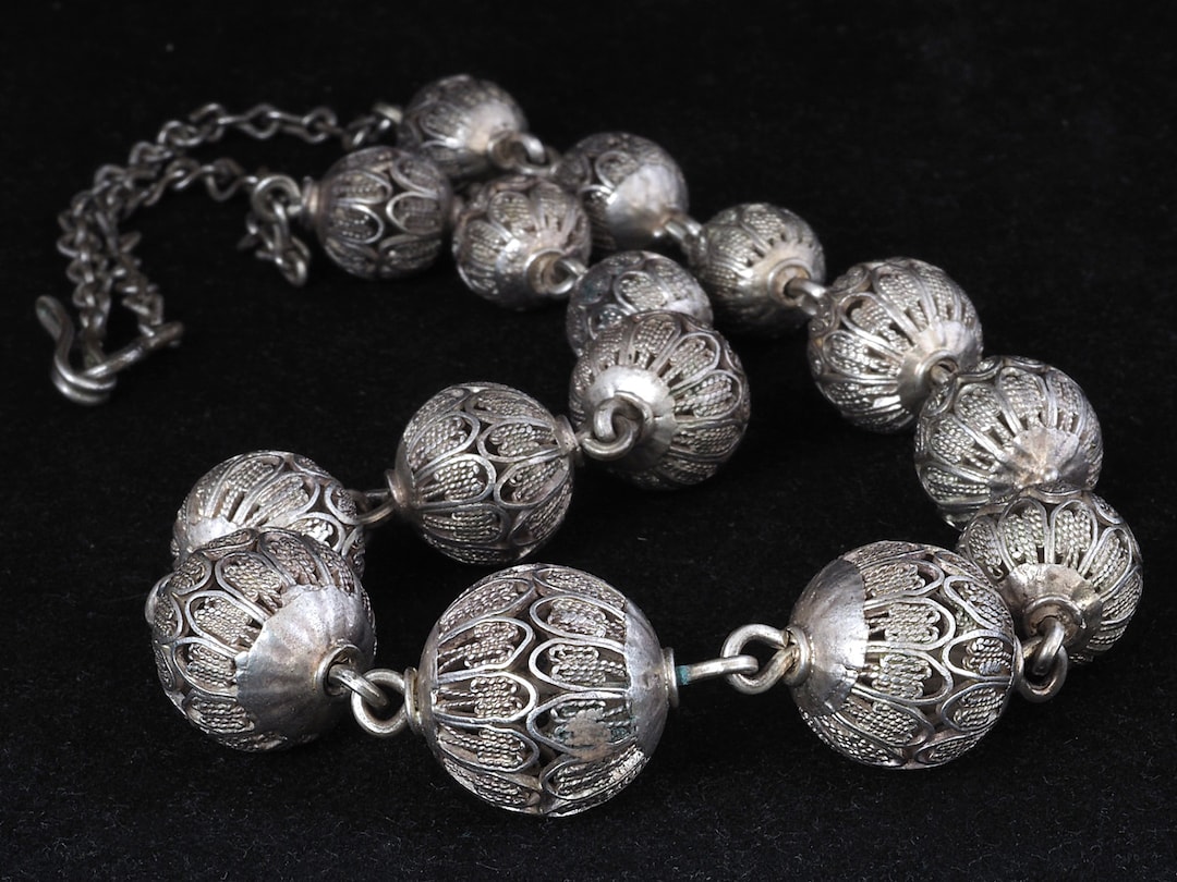 Antique Mauritanian Silver Filigree Beads Necklace • Handcrafted Tribal ...