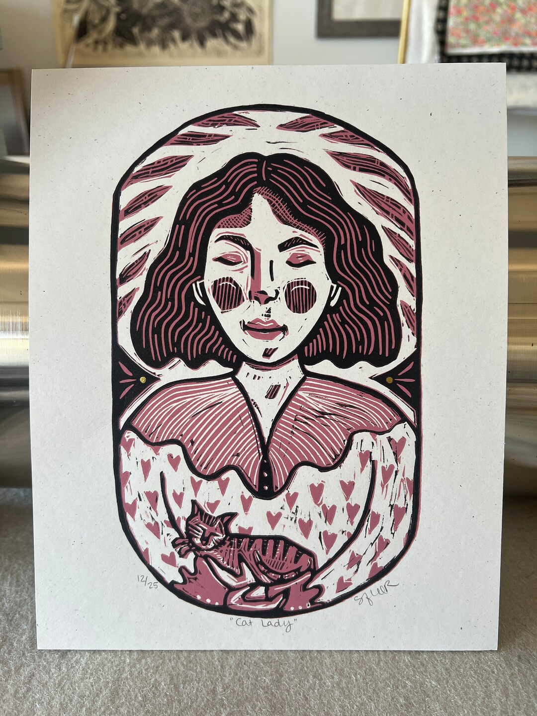 Cat Lady Linocut Handmade Print - Etsy