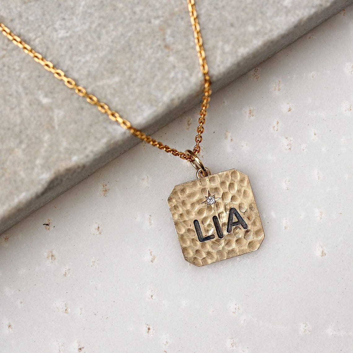 LIA 15mm Name Tag Square Personalized Charm Pendant Necklace, 14K ...