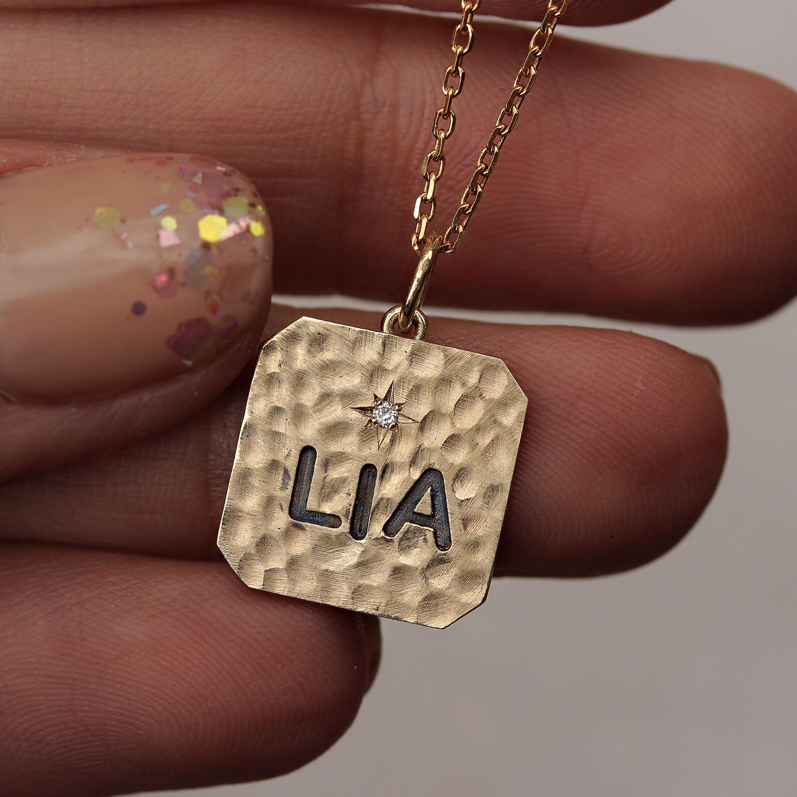 LIA 15mm Name Tag Square Personalized Charm Pendant Necklace, 14K ...