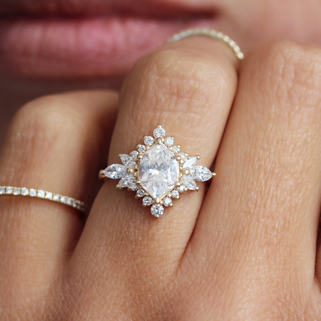 Elongated Hexagon Cut Moissanite Unique Star Engagement Ring With Ring ...