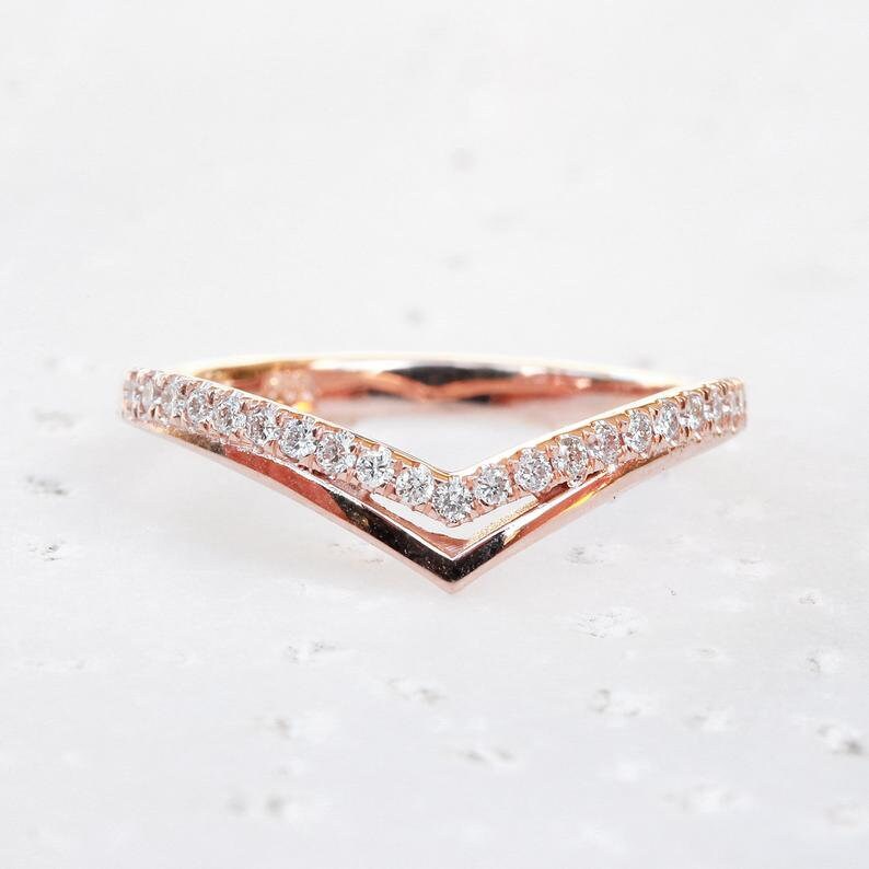Chevron Double V Diamond Ring, Diamond Wedding Bands, Pave Diamonds Two ...