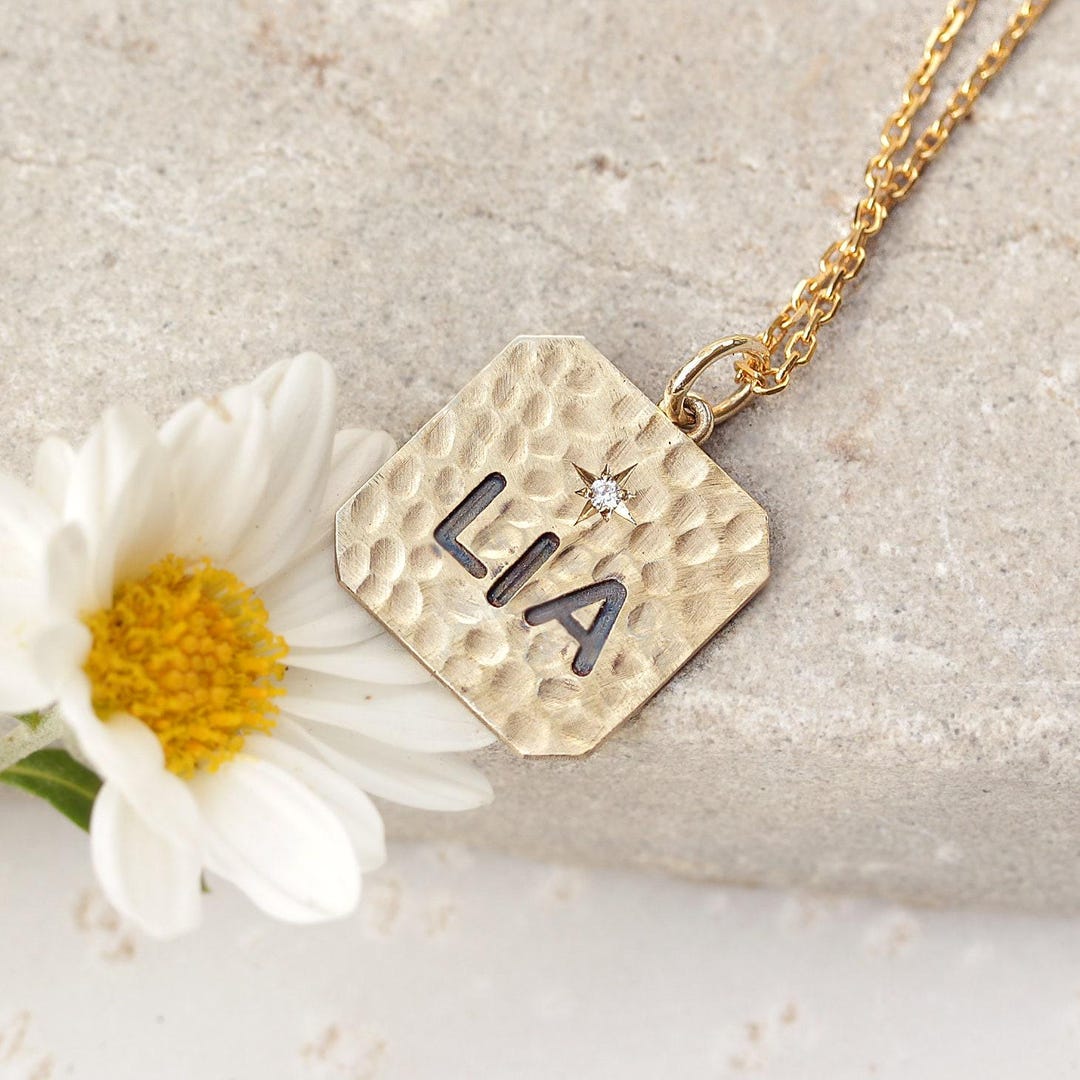LIA 15mm Name Tag Square Personalized Charm Pendant Necklace, 14K ...