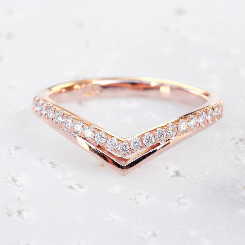Chevron Double V Diamond Ring, Diamond Wedding Bands, Pave Diamonds Two ...