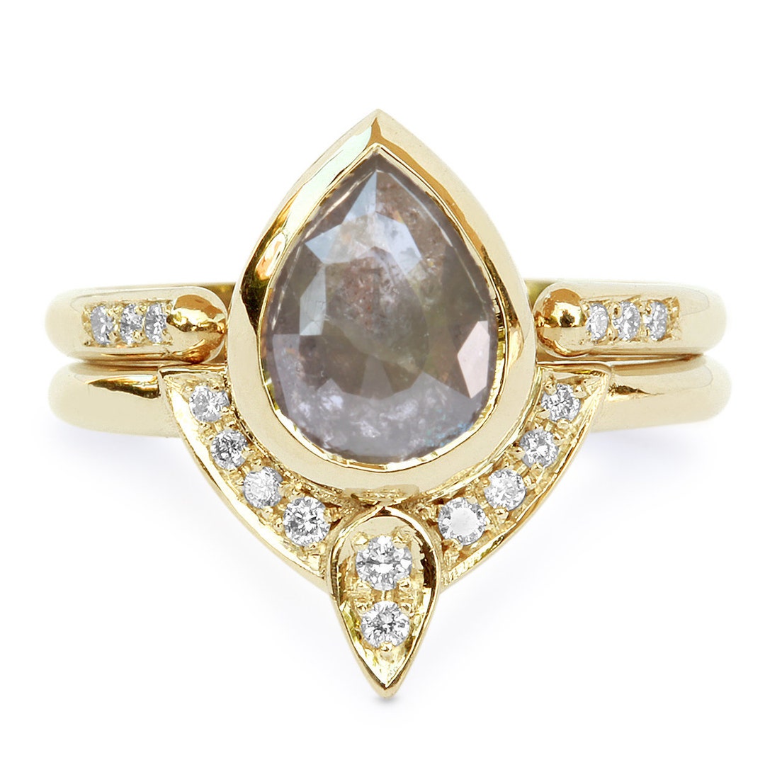 Rustic Engagement Rings Set, Salt and Pepper Diamond Unique Engagement ...