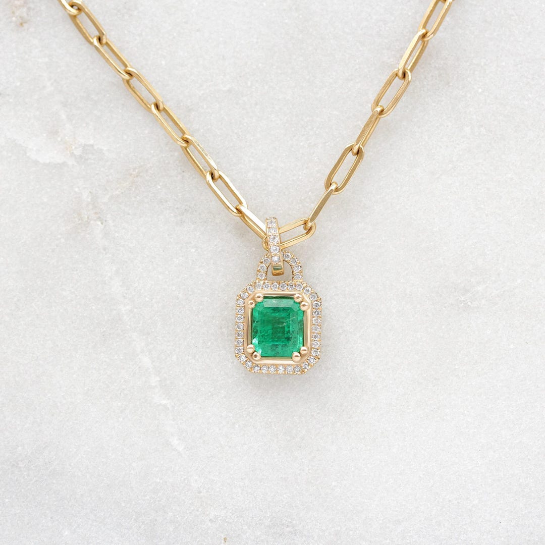 Emerald Cut Emerald With Diamond Lock Pendant, 14K Solid Gold, Glamour ...