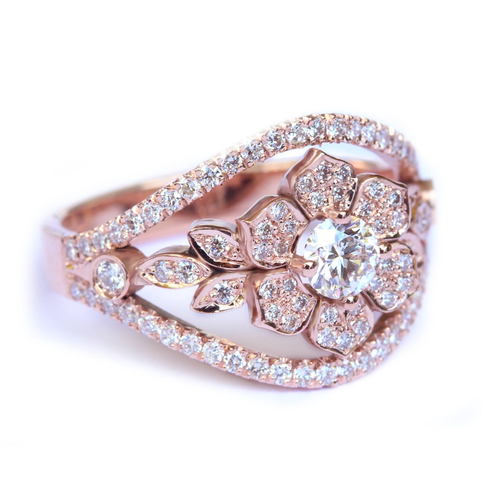 Unique Flower Diamond Engagement Ring lilly Garden, Gold Flower Ring ...