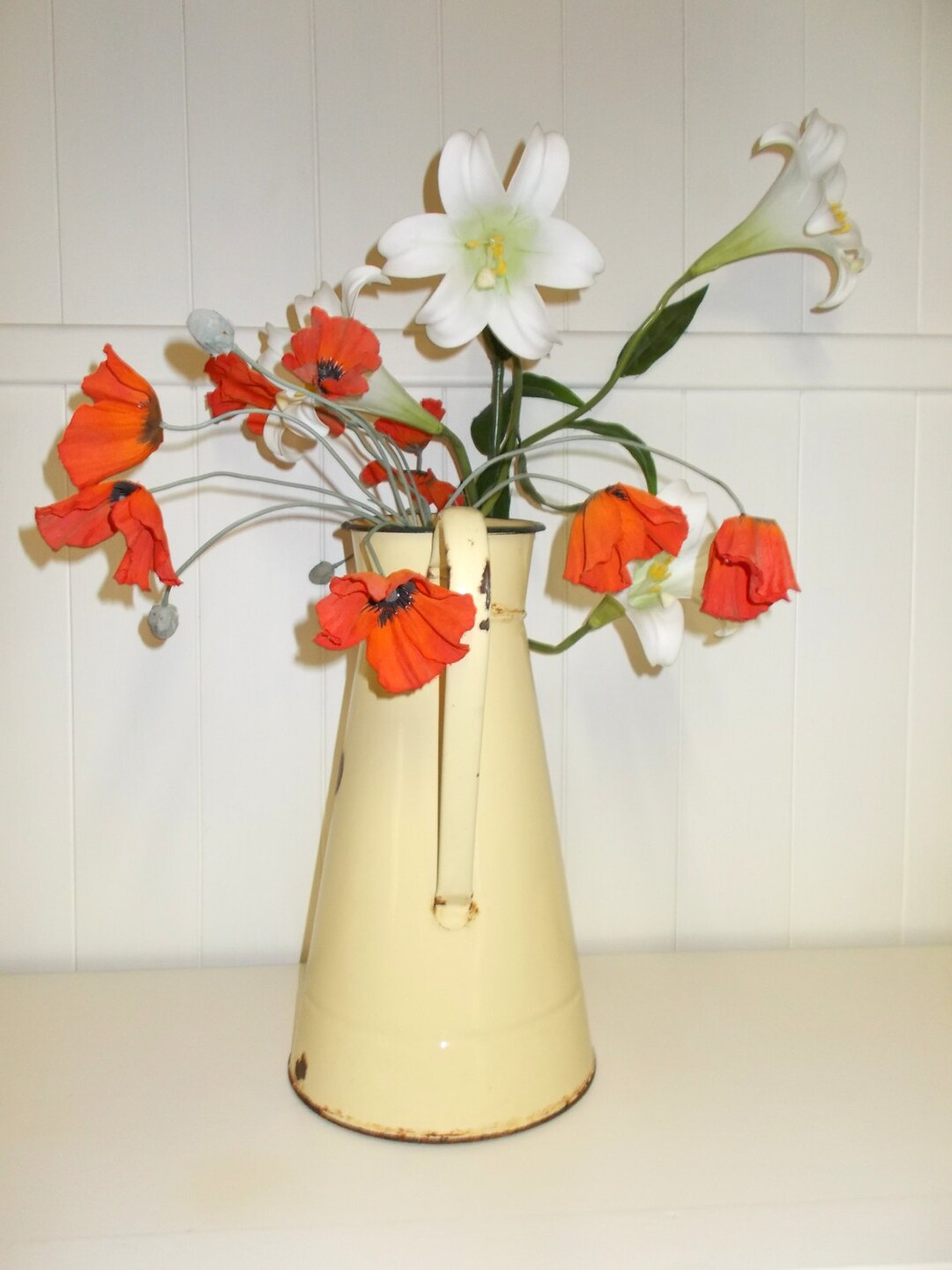 Vintage French Enamel Water Jug, Pichet. French Enamel Water Jug. Cream ...