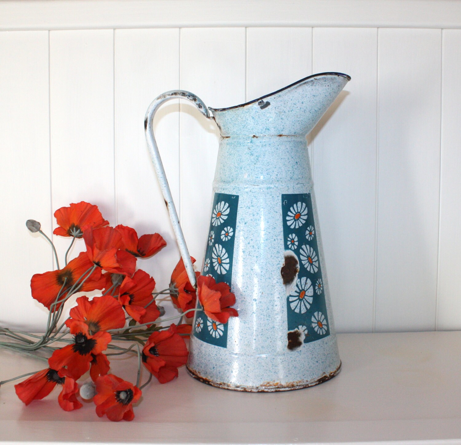 Mid Century French Enamel Granite Ware Water Jug, Pichet With ...