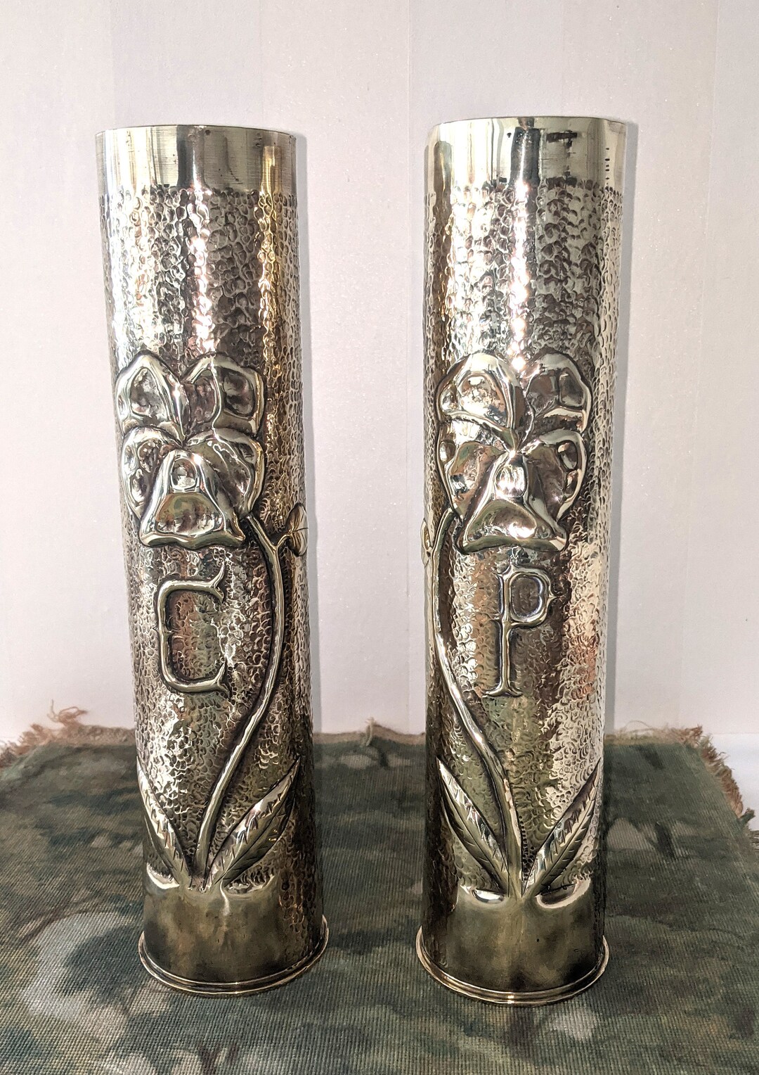 Pair of French Trench Art, Gun Shell Casings. Wonderful Repoussé Detail ...